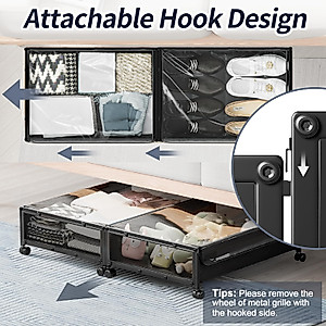 UEAKPIC Under Bed Storage Containers with Wheels, 2 Pack Under Bed Shoe Storage Organizer, Rolling Under Bed Storage Metal Drawer, Under Bed Storage Bins for Clothes, Toys, Blankets, Books