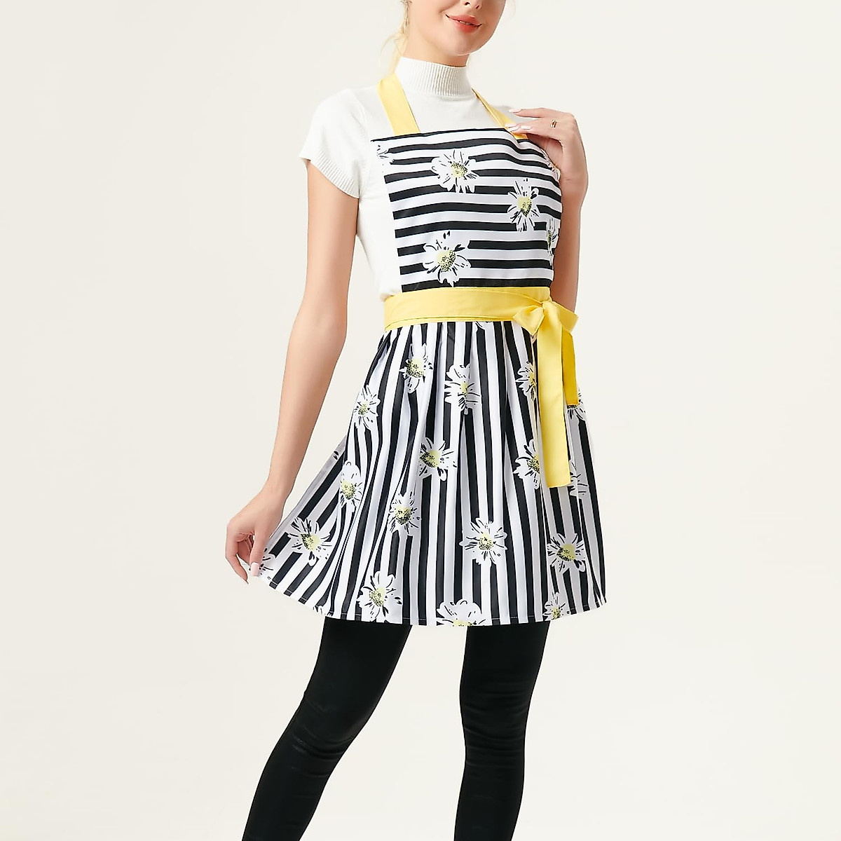 Lovely Comfortable Claccic Black Stripe and Fashion Daisy Skirt Kitchen Women Apron for Ladies Girls Wife Daughter (Yellow)