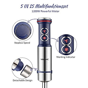 YISSVIC Hand Blender 1200W 5 In 1 Immersion Blender 12 Speed Stick Blender with 500ml Food Grinder 700ml Container Chopper Whisk Puree Infant Food, Smoothies, Sauces Soups