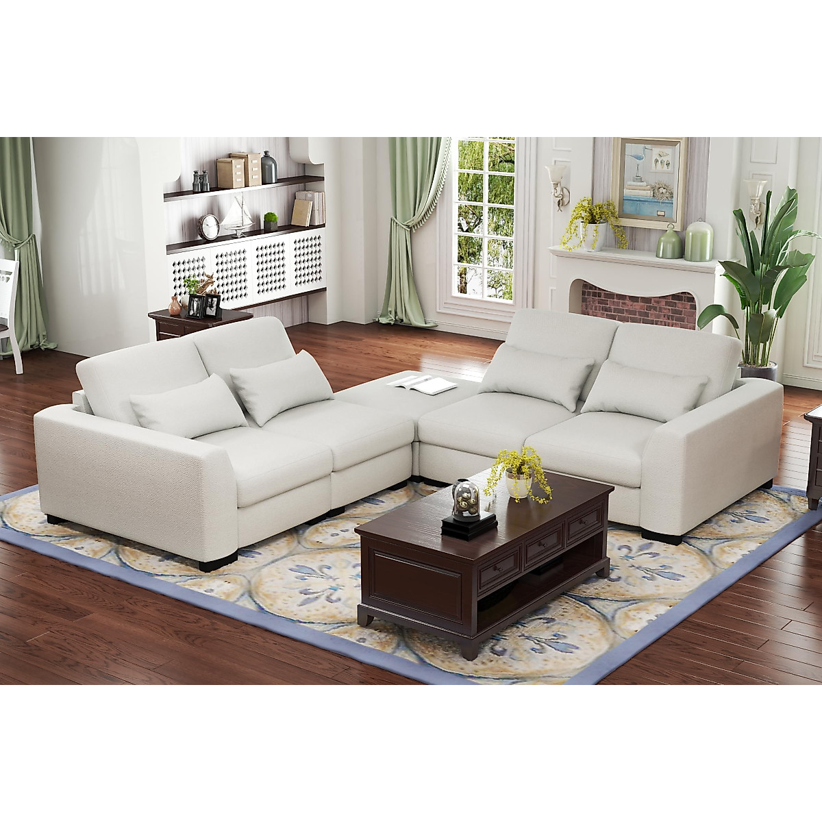 Youmumeub Oversized Modular Sectional Couch with 4 Lumbar Pillows, L Shaped Couches for Living Room, 130" 4 Seater Sofas with Storage Ottoman U Shaped Sofa, Beige