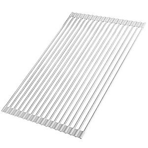 Roll Up Rack, Collapsible Dish Drying Rack-In The Sink Drying Mat-Multipurpose Dish Drainer-Rv Dish Drying Rack-Fruits and Vegetable Rinser-Durable Silicone Covered Stainless Steel Black, TECI TCF001B