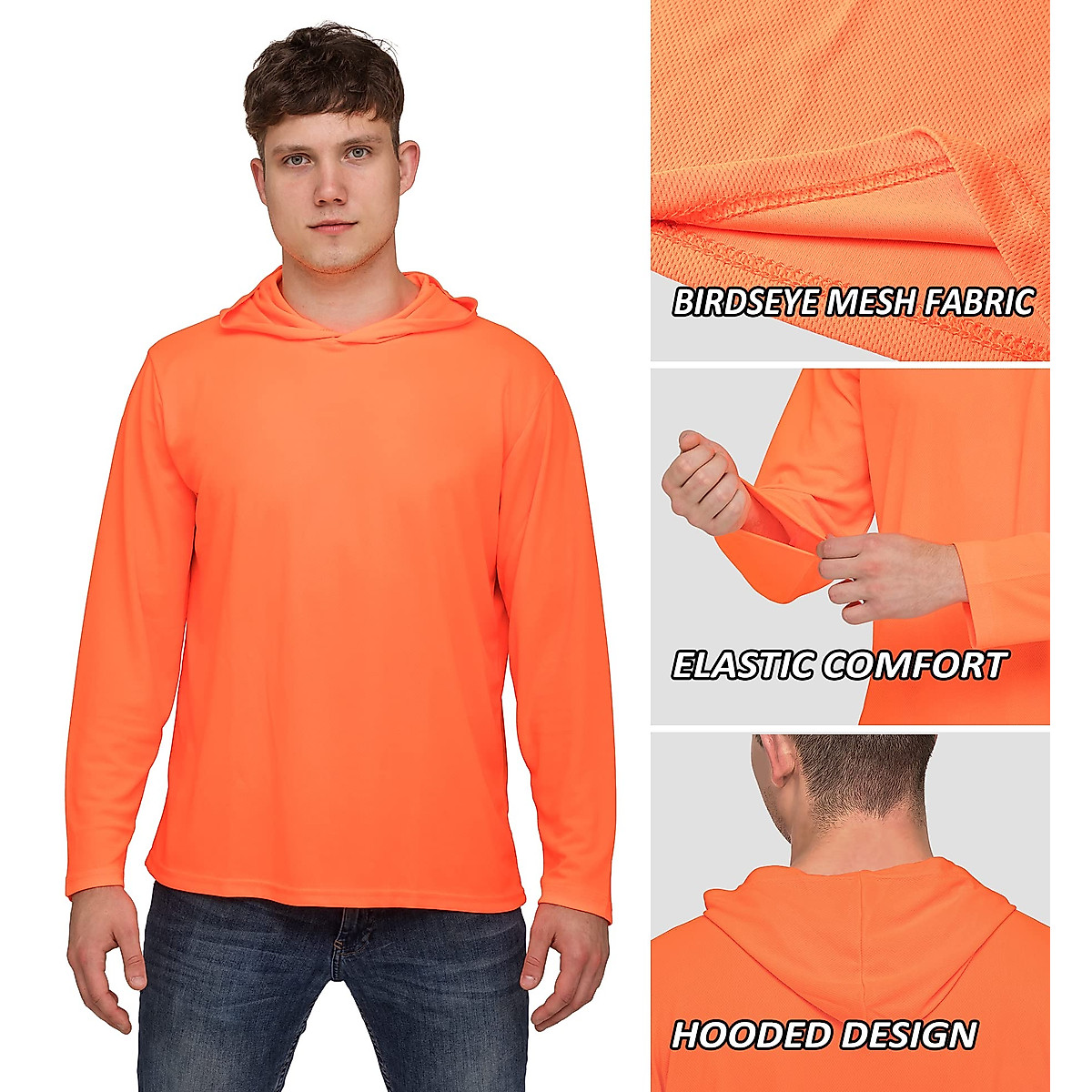 ProtectX 2-Pack Men High Visibility Lightweight Long Sleeve Hoodie, UPF 50+ Sun Protection T Shirts, SPF Outdoor UV Shirt, Orange - 3X Large