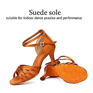 DKZSYIM Women's Satin Latin Dance Shoes Professional Ballroom Salsa Practice Performance Dancing Shoes,213-Brown-7,US 8.5