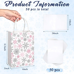 Silkfly 50 Pack Frozen Gift Bag Snowflake Party Bags Winter Frozen Goodie Bags with Tissue Paper for Snowflake Baby Shower Birthday Holiday Party Supplies