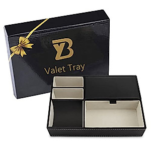 Baoyun Mens Valet Tray Organizer, Mens Jewelry Box, Nightstand Organizer with 5 Compartments, Dresser Faux Leather Storage Box for Wallet, Phone, Keys (Black)