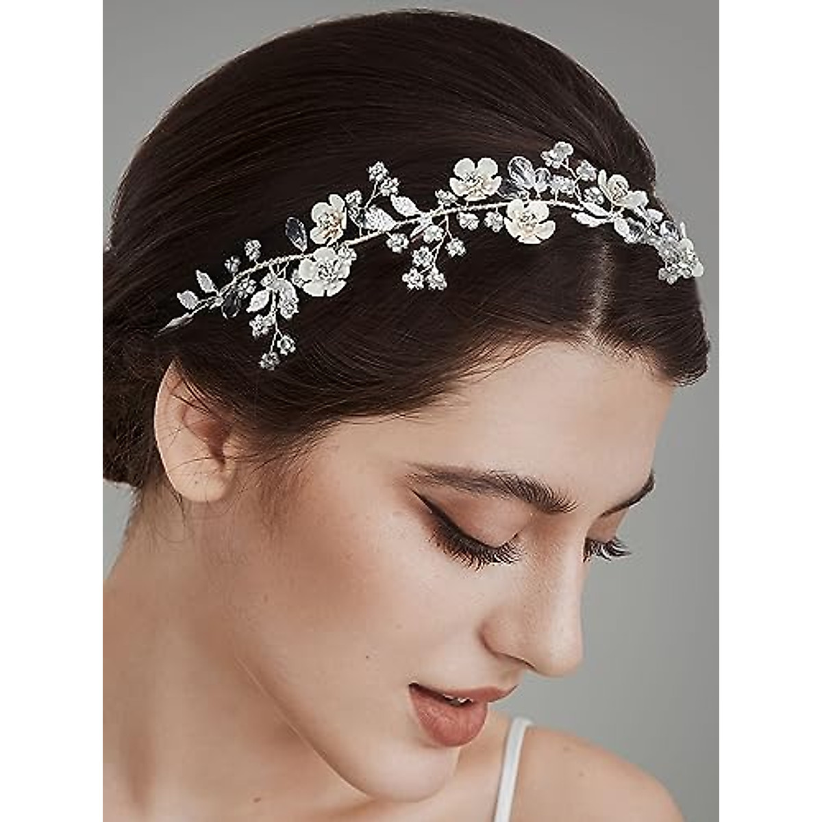 SWEETV Silver Wedding Headband Crystal Bridal Headpieces for Bride Flower Hair Accessories for Women Flower Girl Hair Vine