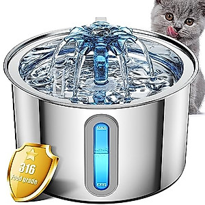 oneisall Cat Water Fountain 316 Stainless Steel, 2L/67oz Automatic Water Fountain for Cats Inside, 3 Replacement Filters & Visual Water Level Window with LED/Pet Supplies