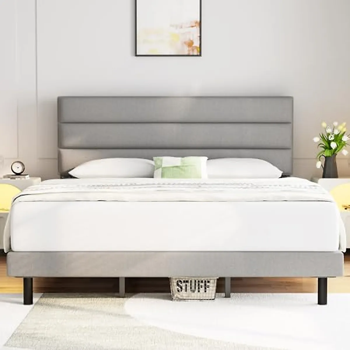 IYEE NATURE Bed Frame Full Size with Headboard,Sturdy Platform Bed with Wooden Slats Support,No Box Spring,Mattress Foundation,Easy Assembly,Grey