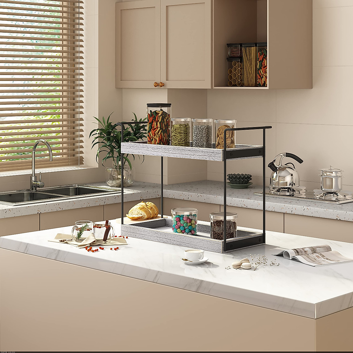 LETUBUYU 2- Tier Bathroom Counter Organizer, Standing Vanity Counter Rack Cosmetic Holder, Countertop Storage Shelf Cosmetic Organizer Holder,Kitchen Spice Rack Basket Counter Shelf (Rustic Gray)