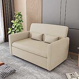 FOKWE Modern Pull Out Sofa Bed, Velvet Convertible Sleeper Sofa Couch Loveseat Sofa with Pull-Out Bed, Adjustable Backrest and 2 Pillows for Living Room,Beige
