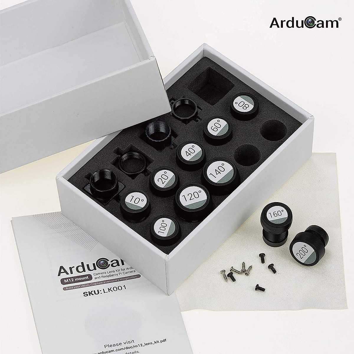 M12 Lens Set, Arducam Lens for Raspberry Pi Camera (1/4") and Arduino, Telephoto, Macro, Wide Angle, Fisheye Lens Kit (10°- 200°) with M12 Lens Holder and Cleaning Cloth, Optical All-in-One