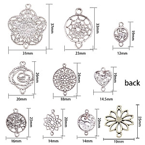SUNNYCLUE 1 Box 60pcs Assorted Connector Charms Flower Tree of Life Charms Dream Catcher Antique Silver Chakra Heart Linking Connectors Charm for Jewelry Making Charms DIY Craft Supplies Accessories