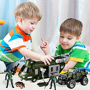 JOYIN Military Vehicles Toy Set of Friction Powered Transport Helicopter and Military Truck with Light and Sound Siren and Army Men Soldier Action Figures for Kids