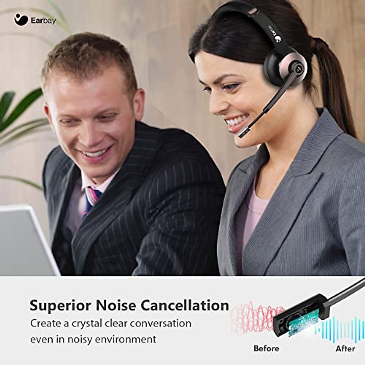 Bluetooth Headset, Wireless Headphones with Microphone Noise Cancelling, On Ear Headphones with Mic Mute, Handsfree PC Headsets for Zoom/Ms Teams/Skype 26H Playtime|Dual Connect|Laptop|iPhone|Tablet