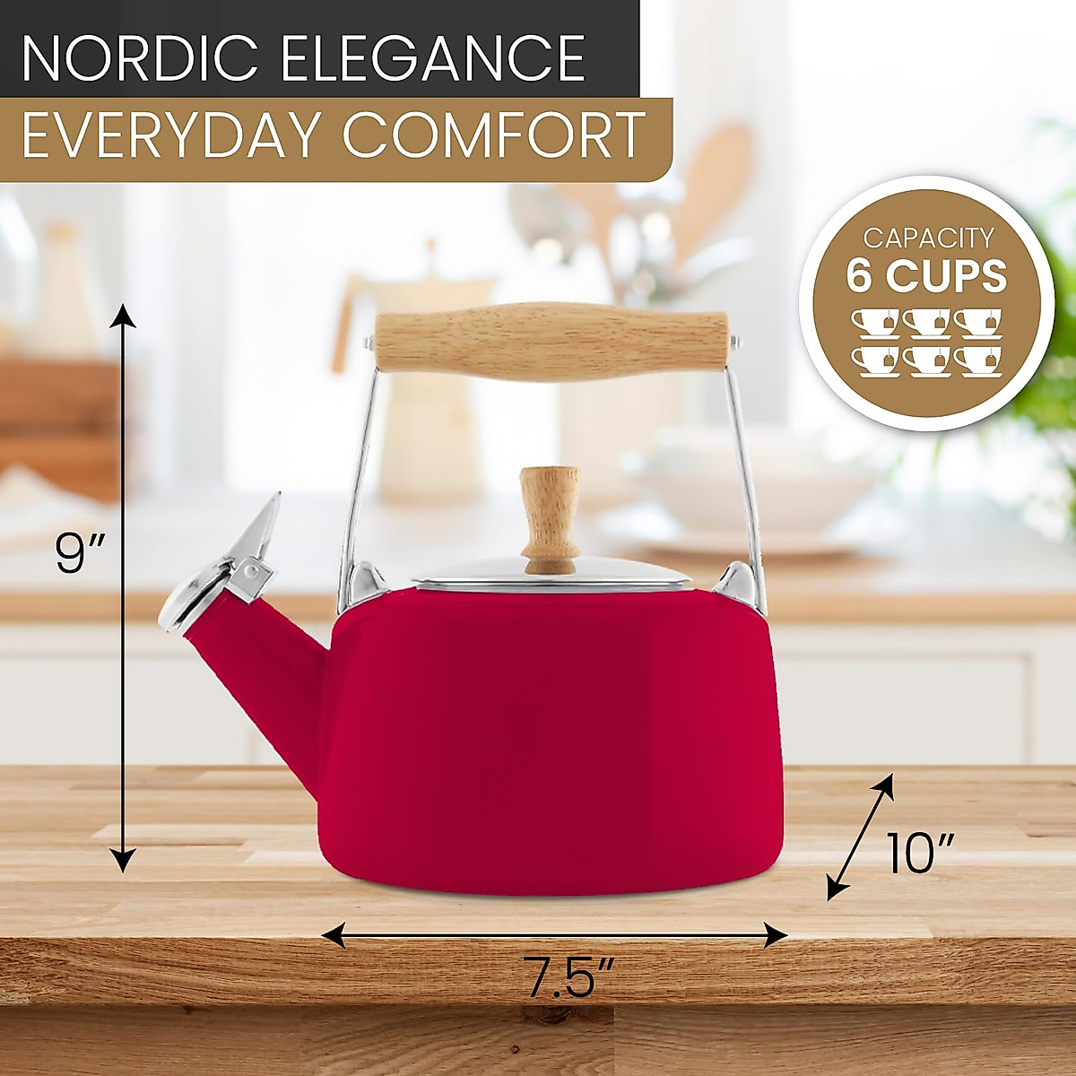 Chantal SVEN Enamel on Steel Whistling Teakettle with Natural Wood handle, 1.4 quarts, Apple Red