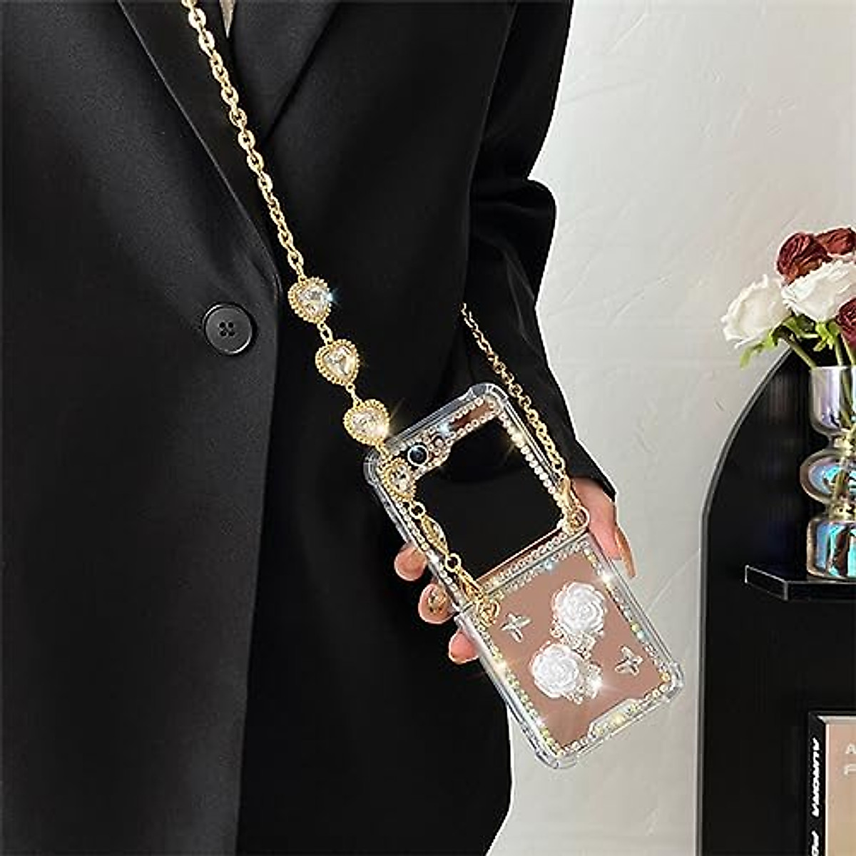 Omio Designed for Samsung Galaxy Z Flip 5 Mirror Case with Crossbody Lanyard Luxury Sparkle Bling Crystal Diamond Glitter Flower Cute Slim Makeup Phone Case for Galaxy Z Flip 5 Women Girls, Rose Gold