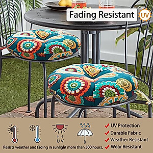 MAGPIE FABRICS Outdoor 15"x15"x4" Round Bistro Seat Cushions with Ties Set of 2, Tufted Waterproof Patio Floor Chair Pads for Home Garden Balcony Kitchen Office Porch, Heronsbill Turquoise Green