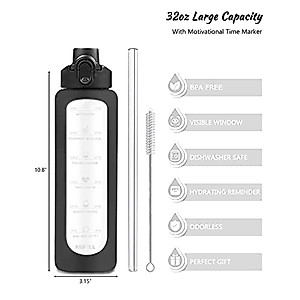 Nefeeko 32 oz Glass Water Bottles with Straw, Motivational Glass Water Bottle with Time Marker, 1 Liter BPA FREE Leakproof Reusable Glass Water Bottle with Silicone Sleeve, Bamboo Lid, Spout Lid