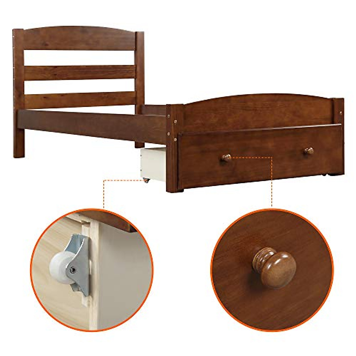 Platform Twin Bed Frame with Storage Drawer and Wood Slat Support No Box Spring Needed (Walnut)