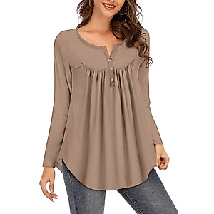 Beauhuty Womens Long Sleeve Tops Casual Henley V-Neck Loose Fit Pleated Tunic Shirt Blouses (Long-Light Coffee,S)