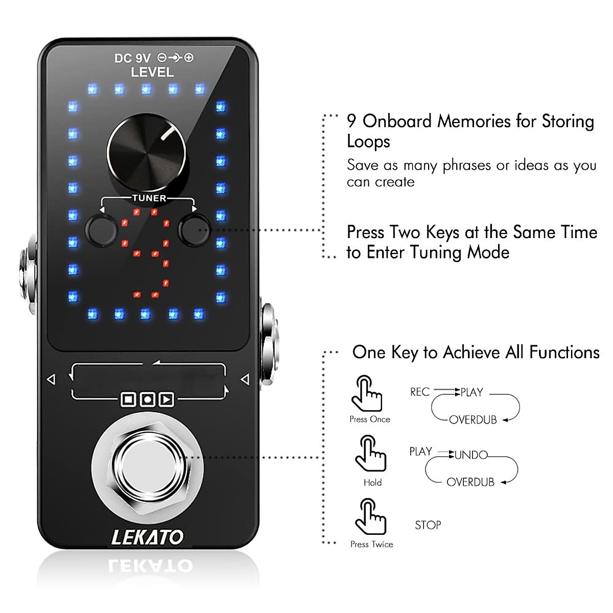 LEKATO Guitar Effect Pedal with External Pedal for Guitar Looper Pedal Tuner Switching, Function Loop Station Loops 9 Loops 40 minutes Record Time, Perfect Collection for Electric Guitar Bass