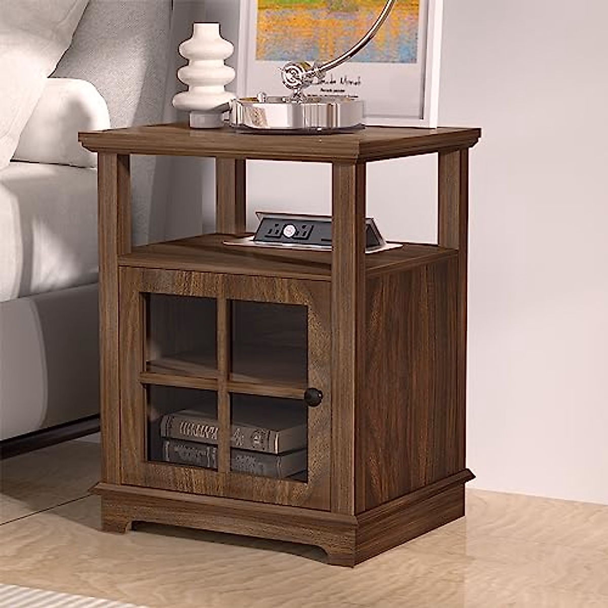FAGAGA End Table with Charging Station, Side Table with Storage, Wireless Charging End Table for Living Room,Dark Walnut Nightstand with Adjustable Shelf