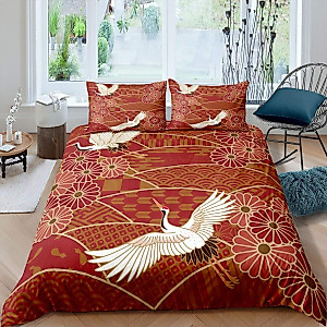 Erosebridal Japanese Style Crane Duvet Cover for Kids Boys Girls Teens Exotic Floral Comforter Cover, Ukiyoe Traditional Bedspread Cover Decor Vintage Style Bedding Set with Corner Ties Full Size