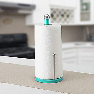 Steel Paper Towel Holder by Home Basics (Turquoise), Standing Paper Towel Roll Holder for Kitchen | Bathroom with Weighted Base and Tear Arm For Easy Operation | Countertop Paper Towels Holder