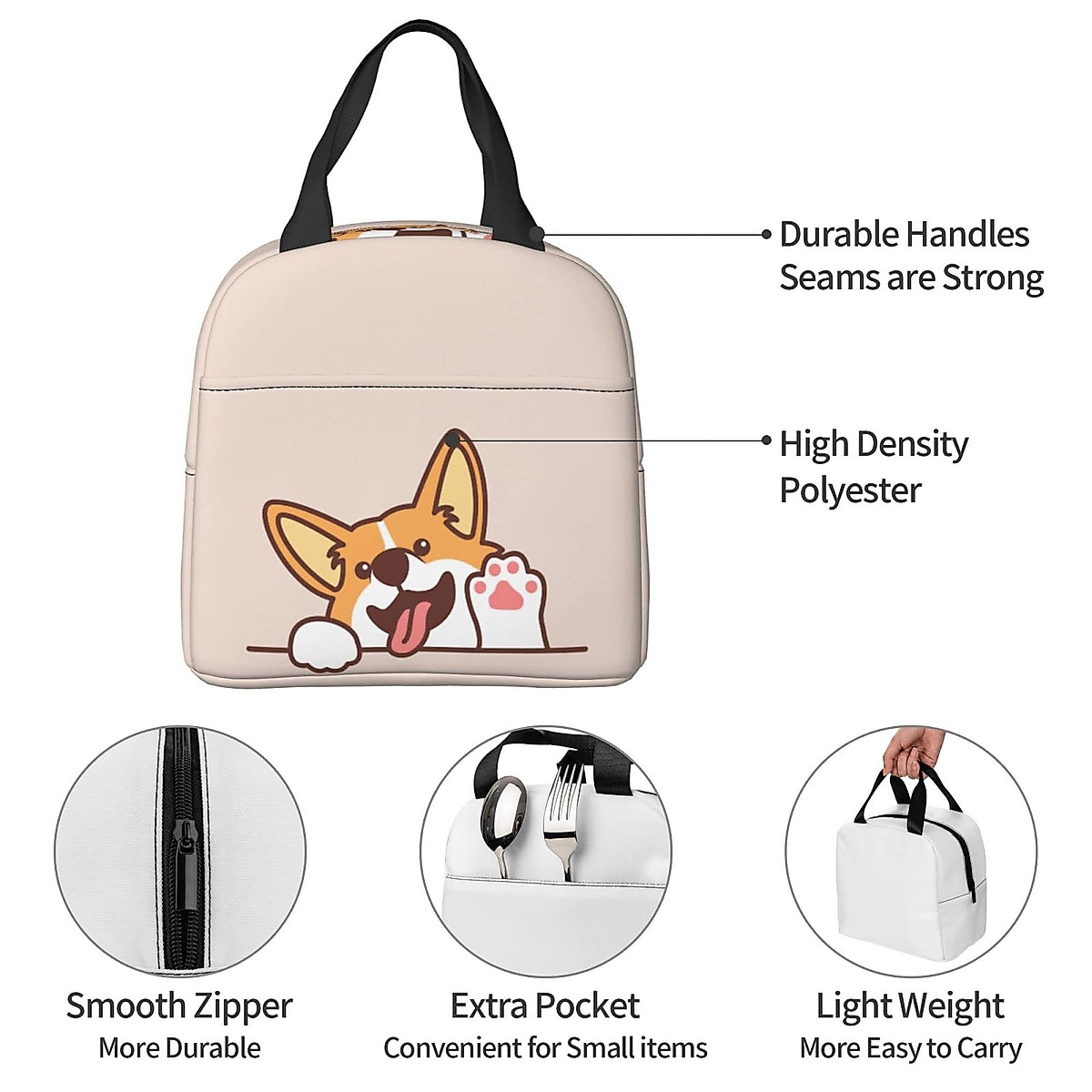 Lunch Bag Cute Welsh Corgi Dog Waving Paw Insulated Lunch Box Teen School Reusable Bags Meal Portable Container Tote For Boys Girls Travel Work Picnic Boxes