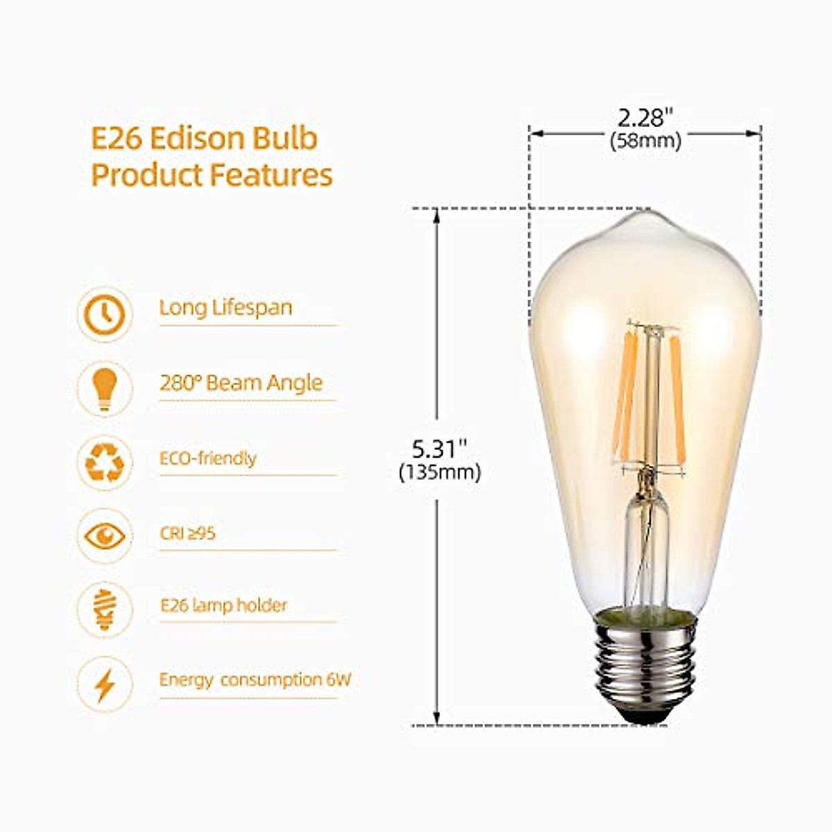 HESSION Vintage Edison LED Bulb, 6-Pack ST58 E26 Base 40 Watt Equivalent, Warm White 2200K-2700K, Antique Vintage Style Light, Squirrel Cage Filament Edison Light Bulbs Amber Glass, Dimmable