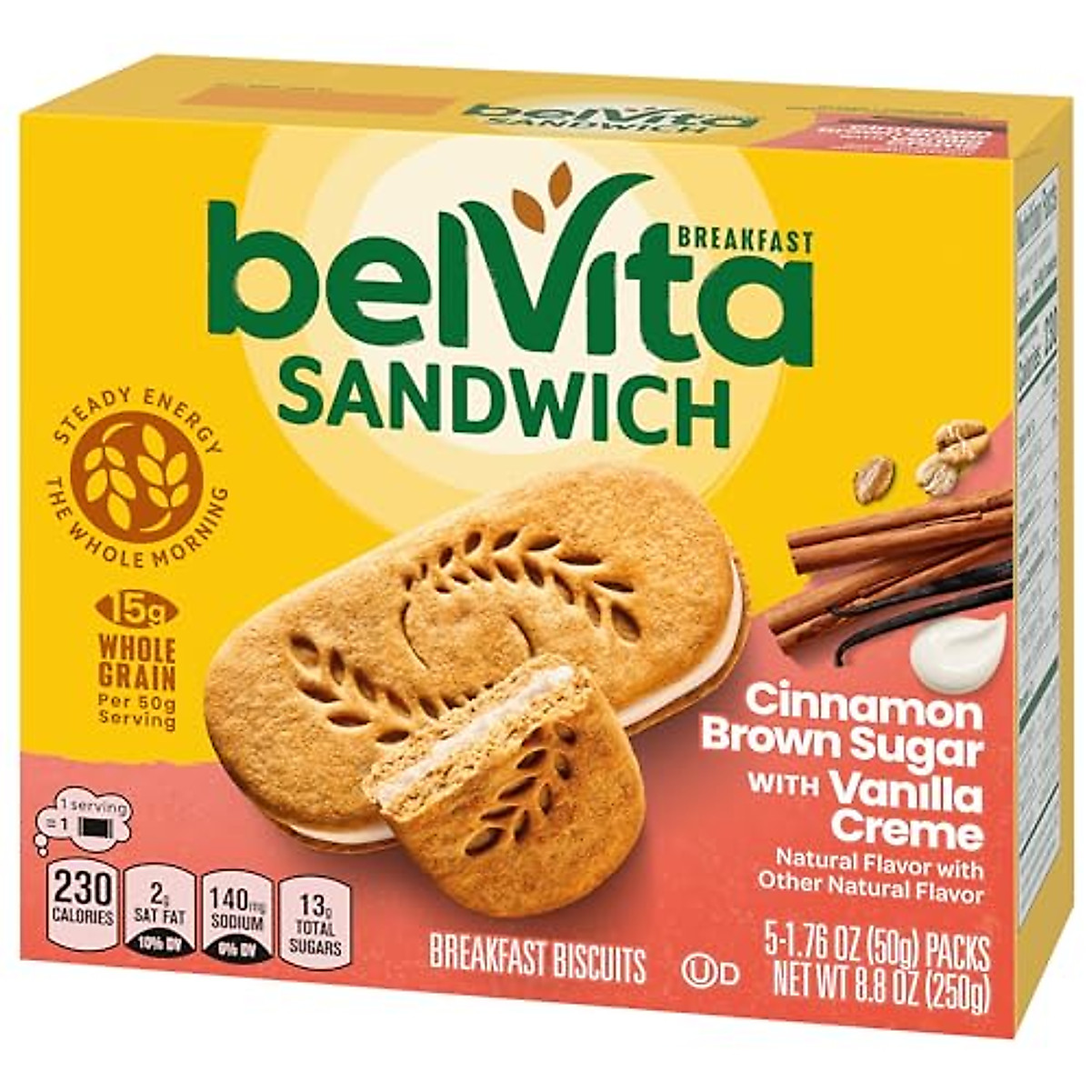 belVita Breakfast Sandwich Cinnamon Brown Sugar with Vanilla Creme Breakfast Biscuits, 30 Total Packs, 6 Boxes (2 Sandwiches Per Pack)