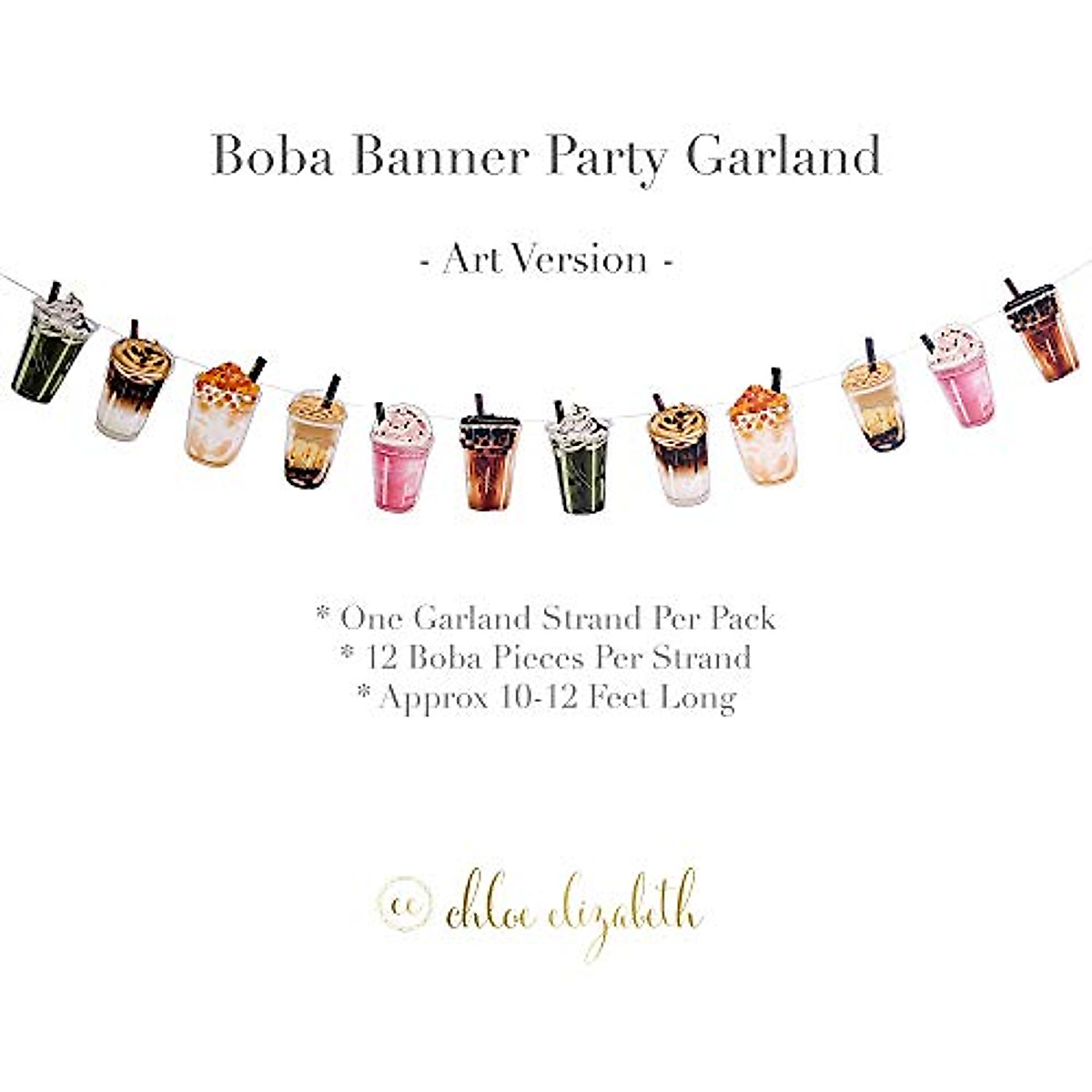 Boba Tea Party Paper Banner Garland, Streamer for All Events - 10 Feet Long (Artistic Theme)