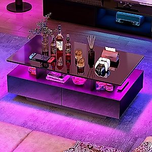 YITAHOME LED Coffee Table with Storage, High Glossy LED Coffee Tables for Living Room, Small Center Table with Open Display Shelf & Sliding Drawers, Black