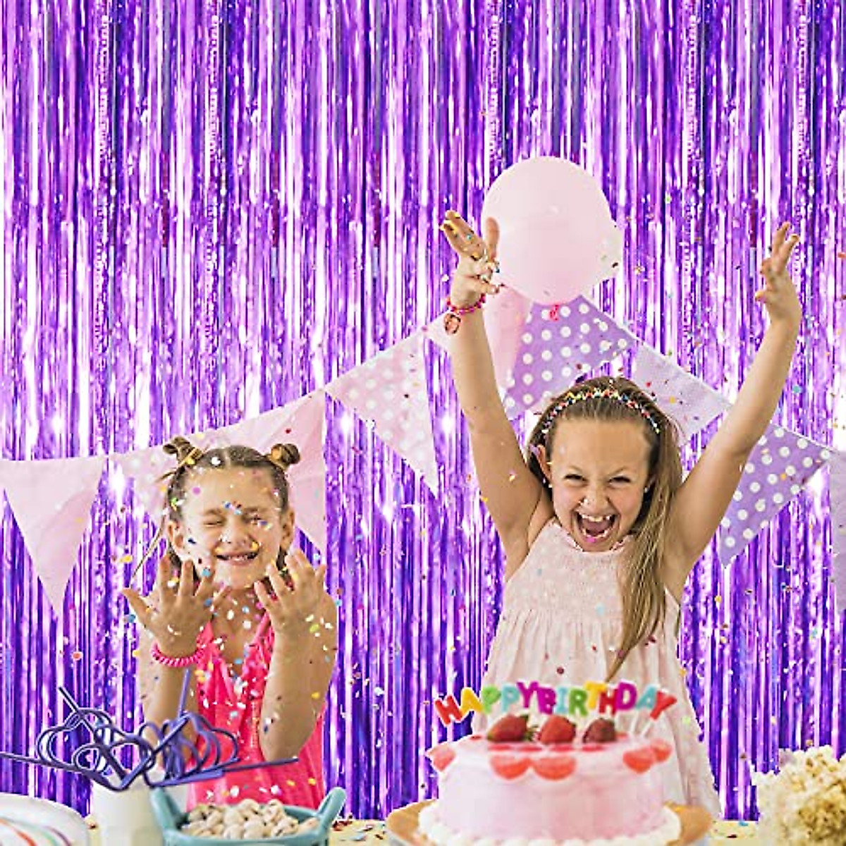 GOER 6.4 ft x 9.8 ft Metallic Tinsel Foil Fringe Curtains,Pack of 2 Party Streamer Backdrop for Birthday,Graduation Decorations and New Year Eve (Purple)