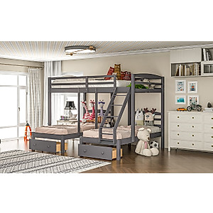 Full over Twin & Twin Bunk Bed,Triple Bunk Bed Frame for Boys Girls Kids Adults Toddler with Drawers, Gray