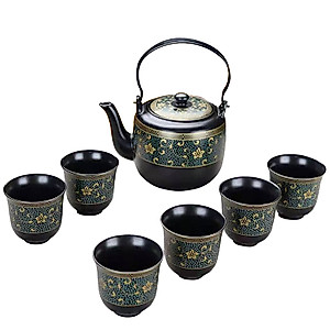 fanquare Japanese Porcelain Tea Set, Handmade Kungfu Teapot with 6 Cups, Large Black TeaPot with Gold Flowers Pattern