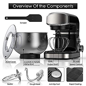 Stand Mixer, 1000W Kitchen Mixer Electric Food Mixer, 6 Speeds with 304 Stainless Steel Bowl Tilt-Head Dough Mixer, Dough Hook, Whisk, Beater, Splash Guard & Scraper