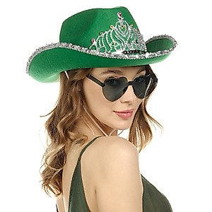 Funcredible Green Cowboy Hat and Glasses - Preppy Cowgirl Hat with Tiara - Sparkly Cowboy Hat - Cowgirl Outfit Accessories for Women and Girls
