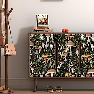 MILEPER Mushroom Wallpaper Peel and Stick Wallpaper Boho Black Wallpaper 17.7" x 78.8" Self Adhesive Removable Wallpaper Leaf Forest Wallpaper Mushroom Contact Paper for Countertops Decor