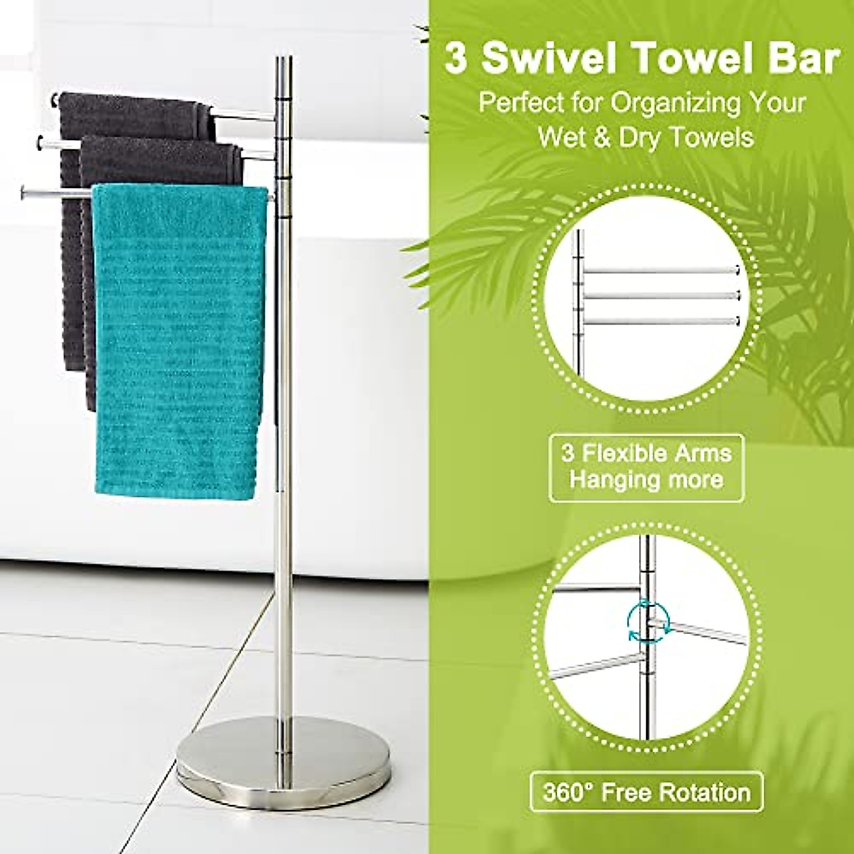 Standing Towel Racks for Bathroom, Freestanding Bathroom Towel Rack Stand with 3 Swivel Arms, Stainless Steel Outdoor Floor Towel Holder, Rust Proof Chrome, DECLUTTR