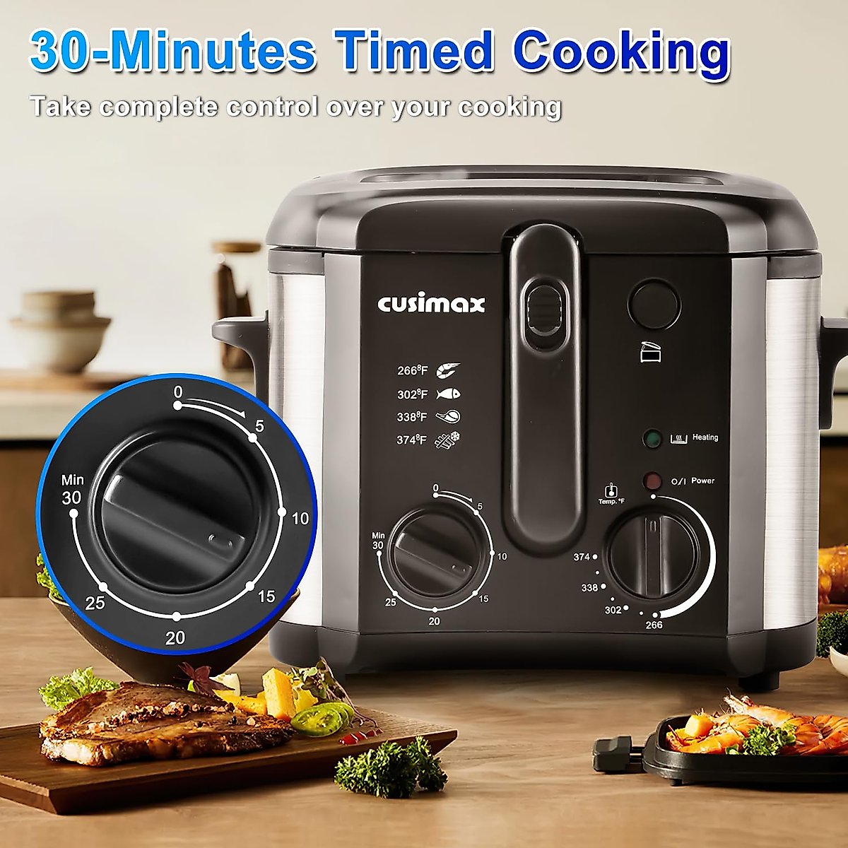 CUSIMAX Electric Deep Fryer for Home Use, 1500W, 2.5 Liter Small Deep Fryer with Basket, Adjustable Temperature & Time, Lid with View Window and Odor Free Filter