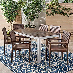Christopher Knight Home Noe Outdoor 7-Piece Acacia Wood Dining Set, Dark Brown and White