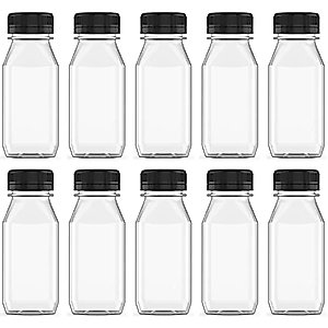 Hulless 10 Pcs 4 Ounce Plastic Juice Bottle Drink Containers Juicing Bottles with Black Lids, Suitable for Juice, Smoothies, Milk and Homemade Beverages, 120 mL