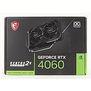 MSI GeForce RTX 4060 Ventus 2X Black 8G OC Gaming Graphics Card - 8GB GDDR6X, PCI Express Gen 4, 128-bit, 3X DP v 1.4a, HDMI 2.1a (Supports 4K & 8K HDR)