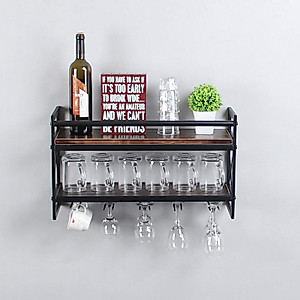 MBQQ Wine Rack Stemware Glass Rack,Industrial 2-Tier Wood Shelf,36" Wall Mounted Wine Racks with 8 Stem Glass Holder for Wine Glasses,Mugs,Home Decor,Black