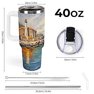 40 Oz Romantic Entitled Seaport Insulated Stainless Steel Tumbler with Handle & Straw Lid, Reusable Travel Cupholder Friendly Mug for Coffee, Water, Tea