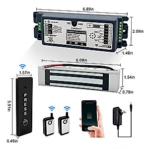 2.4GHz WiFi Access Control 400lb Holding Force Electic Magnetic Door Lock System Kit with Remote and Smartphone app Control, paired with Wireless Slim Push Switch (Electric Magnetic Lock kit)