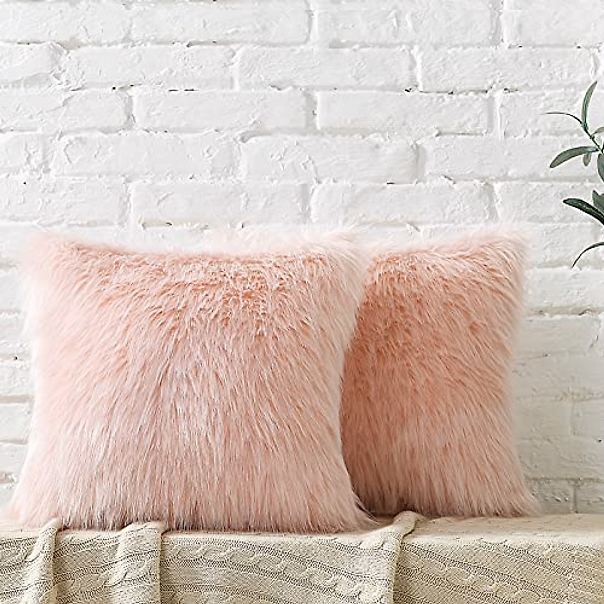 Pack of 2 Luxury Faux Fur Throw Pillow Cover, Modern Chic Blush Pink Decorative Square Pillowcase for Sofa, Chair, Bed, Loveseat, Shaggy Fluffy Cushion Cover with Zipper Closure, 16"x16"