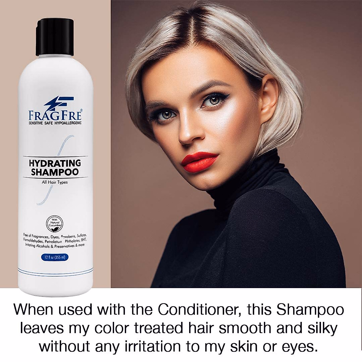 FRAGFRE Hydrating Sensitive Skin Shampoo 12 oz - Sulfate-Free, Fragrance-Free, Paraben-Free, Color-Safe, Hypoallergenic, Mild Hair Cleanser - Gluten-Free, Vegan, Cruelty-Free, With Natural Cucumber