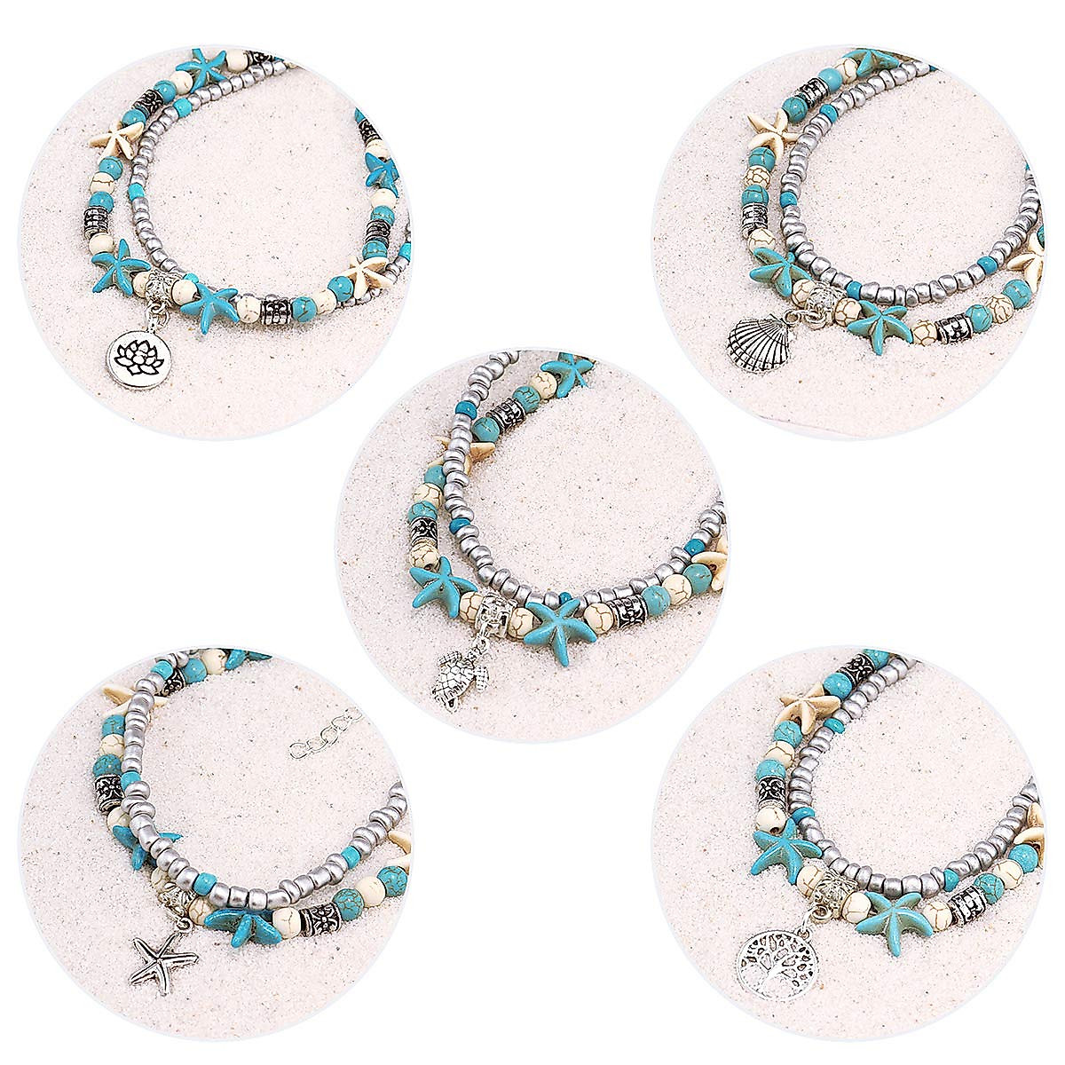 Suyi Sea Turtle Ankle Bracelet Set Multilayer Beach Anklets Handmade Boho Anklets for Women 5pcs